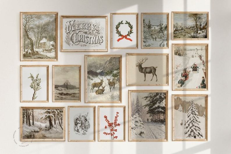 Christmas Prints Gallery Wall Set of 15, Vintage Christmas Printable ...