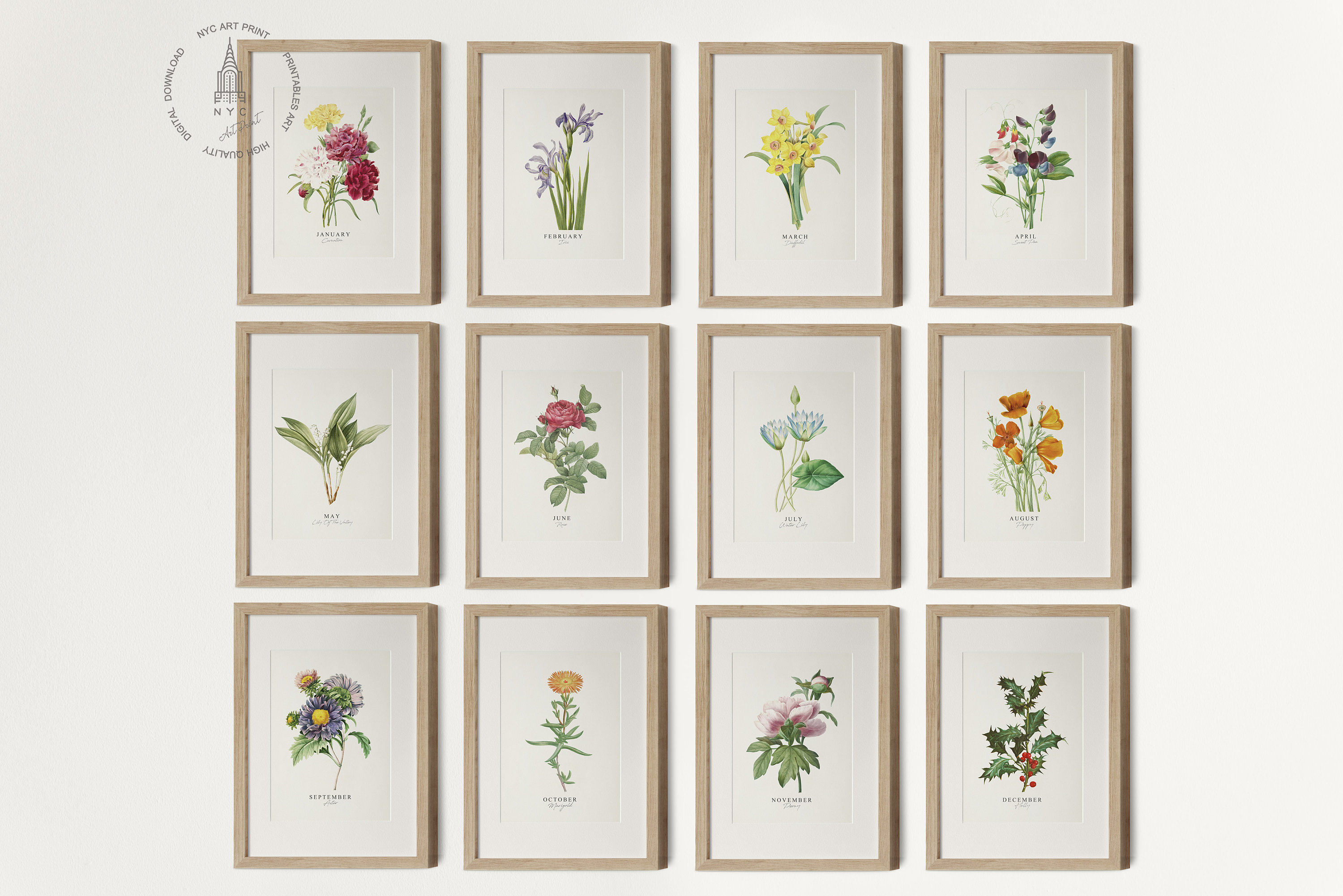Set of 12 Vintage Birth Month Flowers Prints, Birth Flower Printable ...