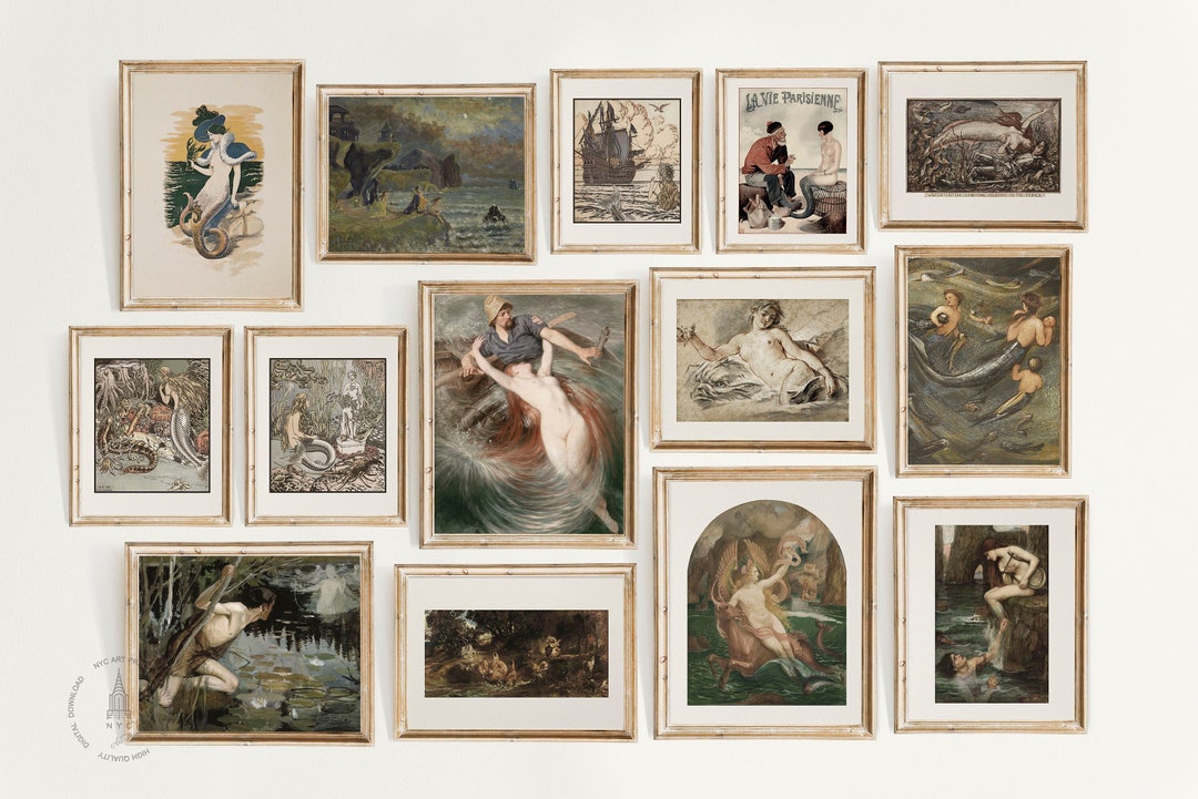 Vintage Mermaid Gallery Wall Print Set of 14, Vintage Nautical Coastal ...