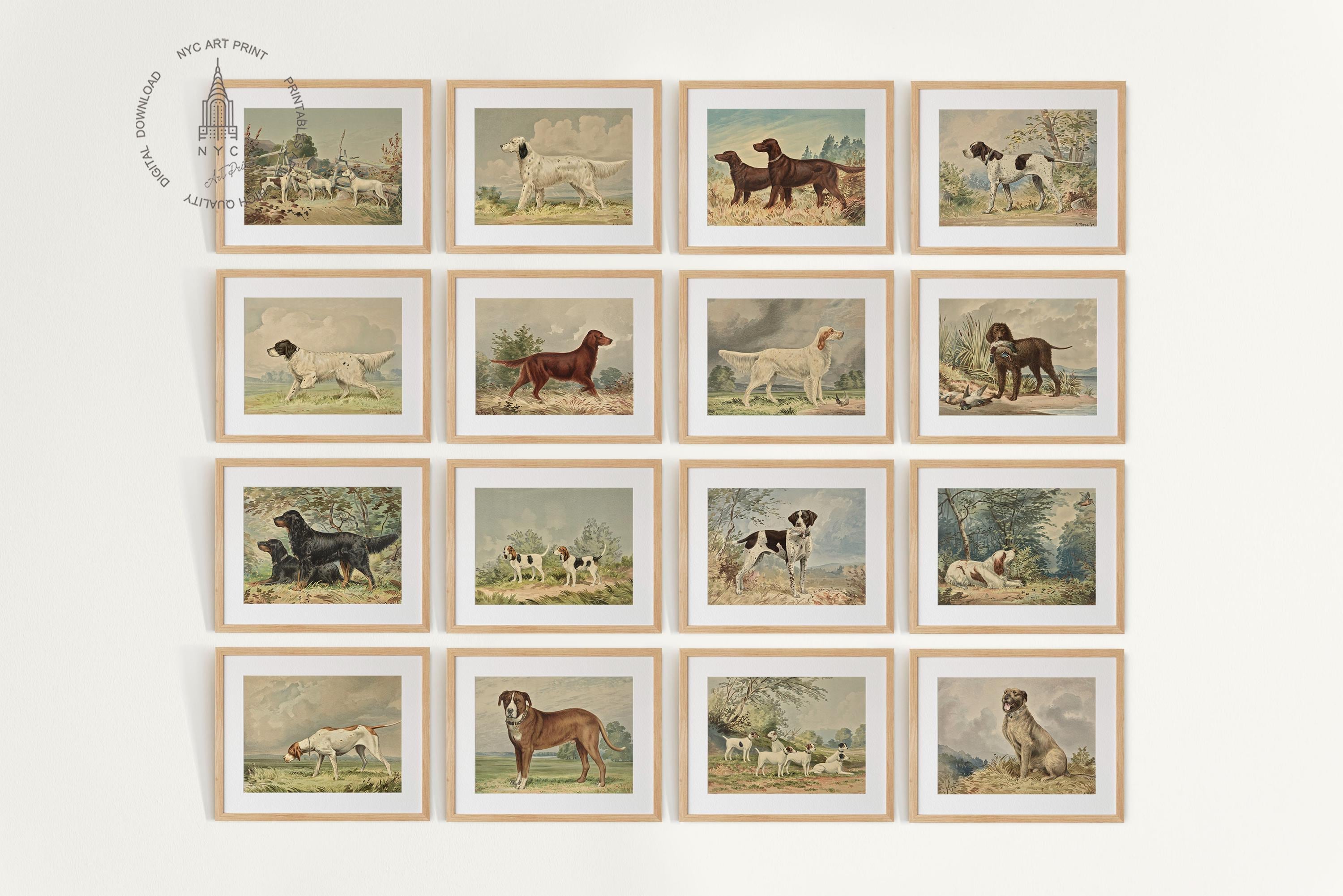 Vintage Dog Breeds Gallery Wall Art Set of 16, Dog Painting (digital ...