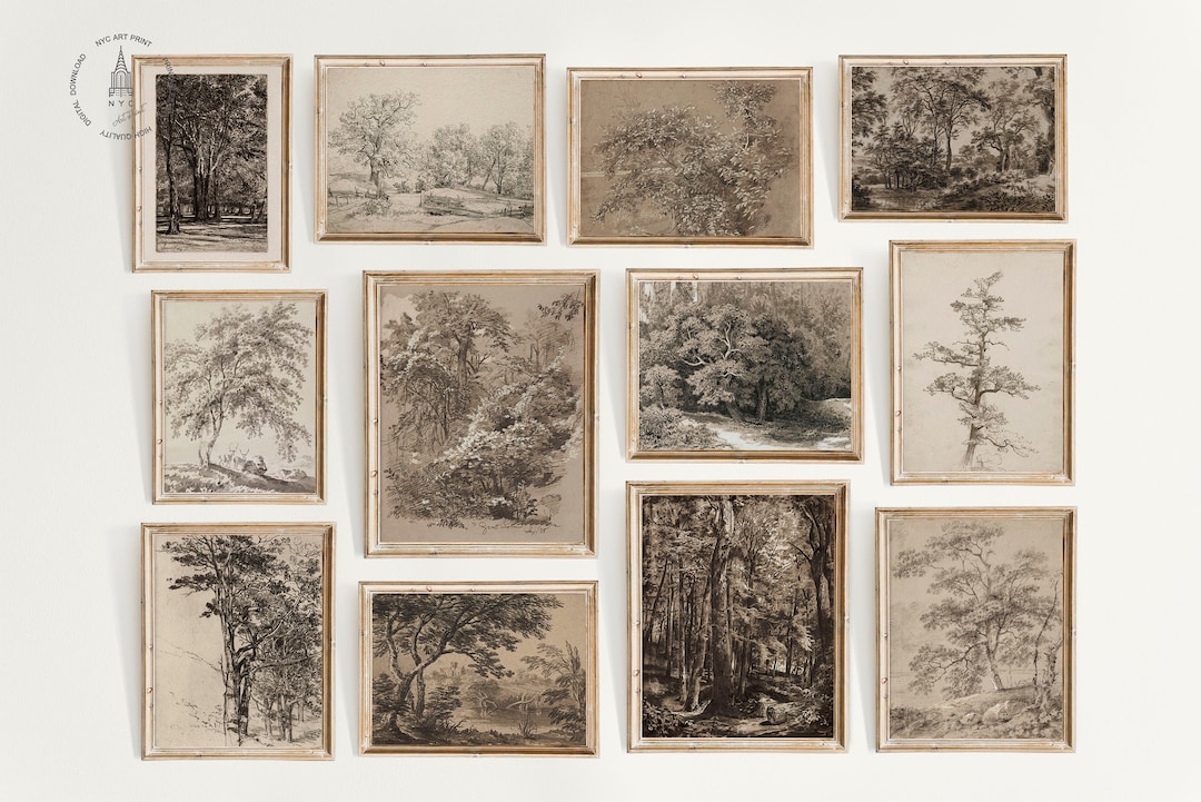 Vintage Neutral Art Print Gallery Wall Set of 12, Tree Sketches ...