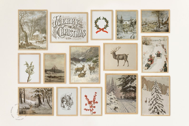 Christmas Prints Gallery Wall Set of 15, Vintage Christmas Printable ...