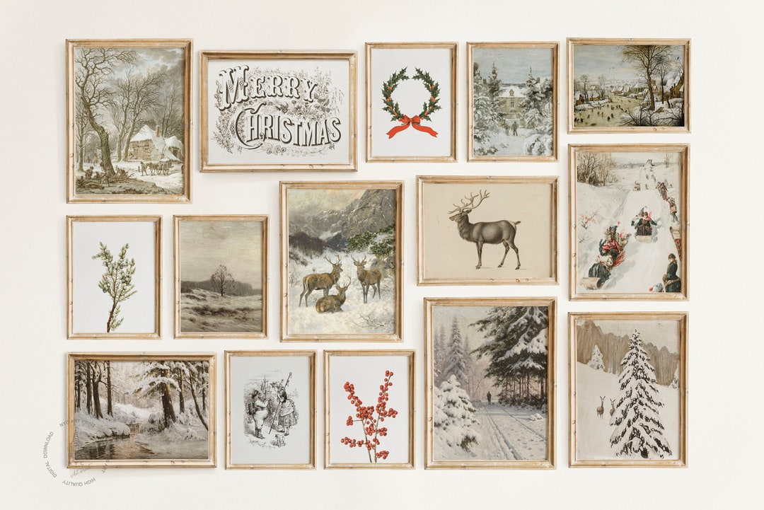 Christmas Prints Gallery Wall Set of 15, Vintage Christmas Printable ...
