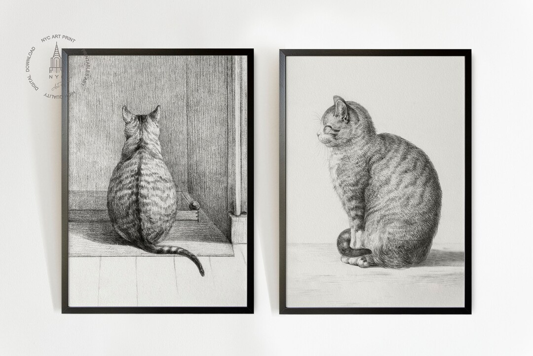 Set of 2 Vintage Cat Prints, Cats Print, Cat Sketch Art, Cat Wall Art, Minimalist Cat Wall Art ...