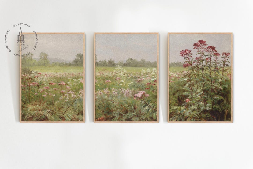Set of 3 Vintage Wildflower Field Print, Landscape Print, Flower Meadow ...