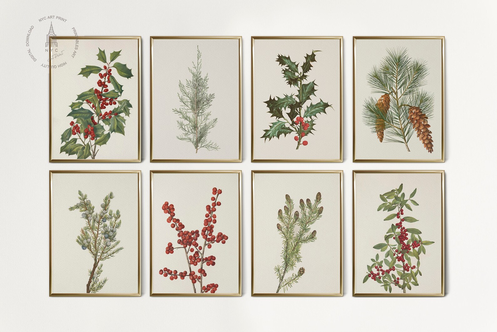 Winter Botanical Prints, Pine Tree Branch, Gallery Wall Set of 8 ...