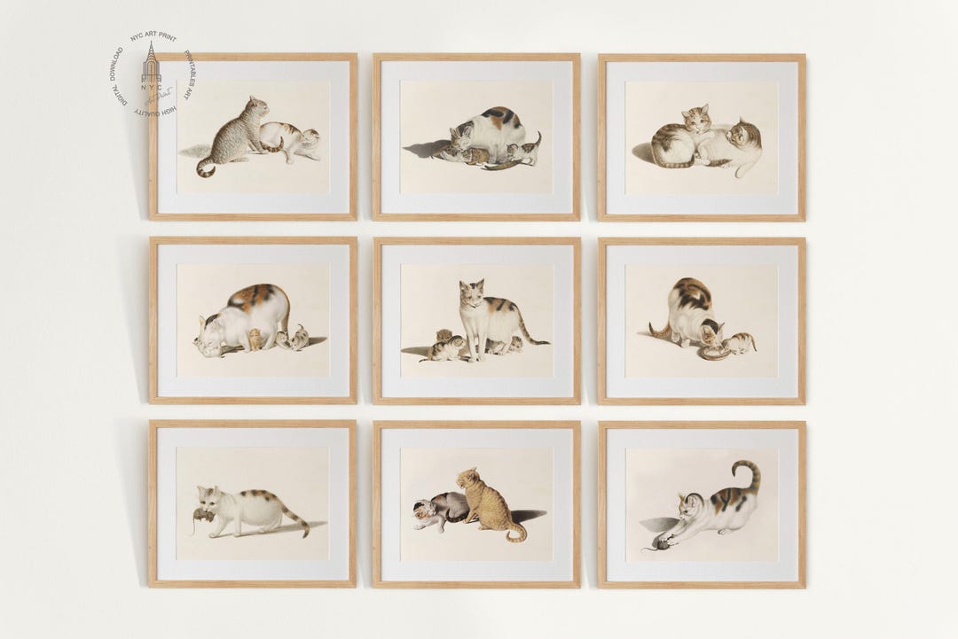 Vintage Cats Gallery Wall Set of 9, Cats Prints, Antique Cat Painting ...
