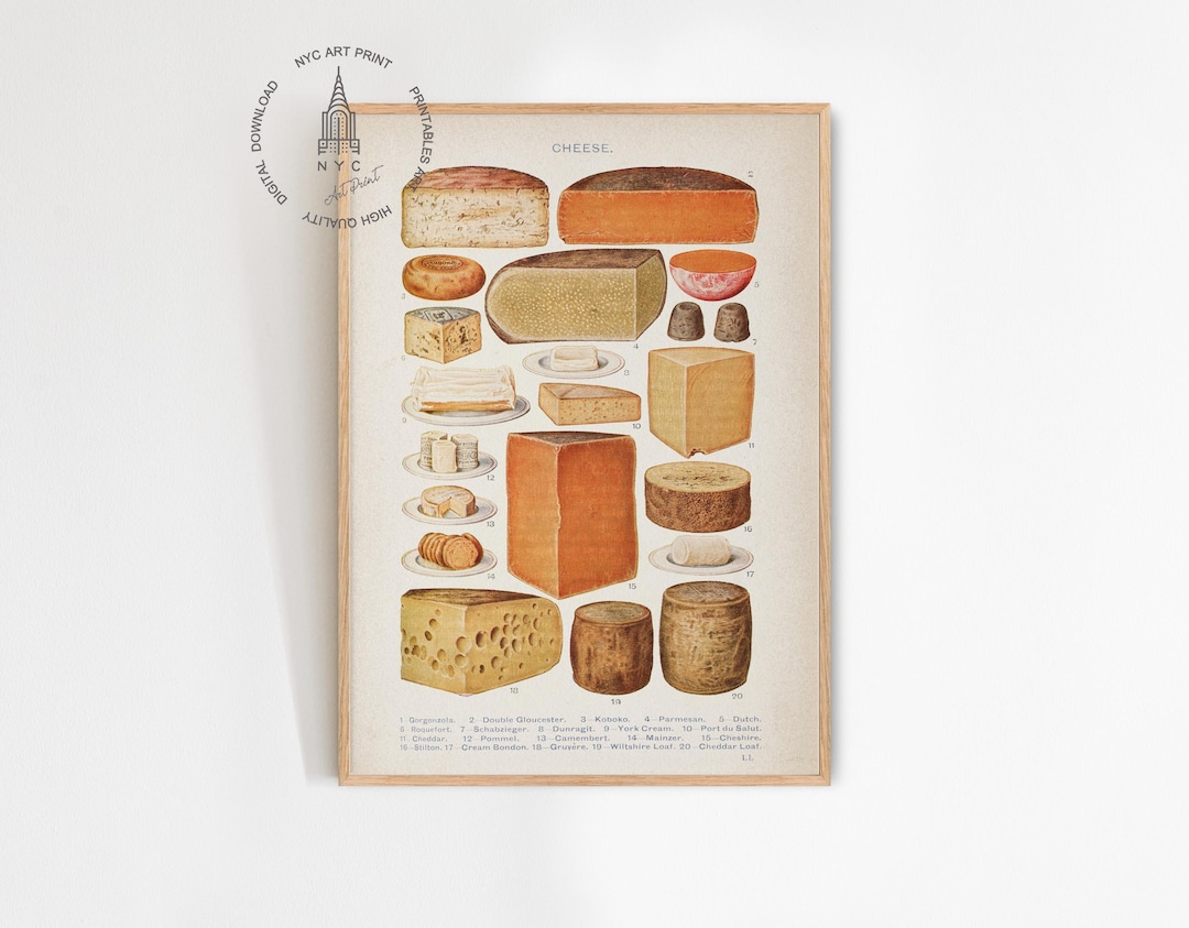 Vintage Cheese Print, Cheeses Printable Wall Art, Antique Cheese Chart ...