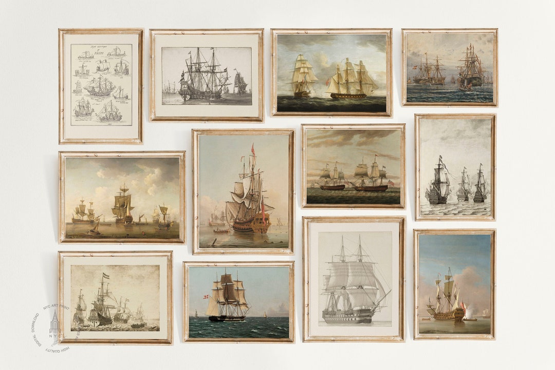 Vintage Warship Wall Art Set of 12, Sailing Ship Prints, Nautical ...