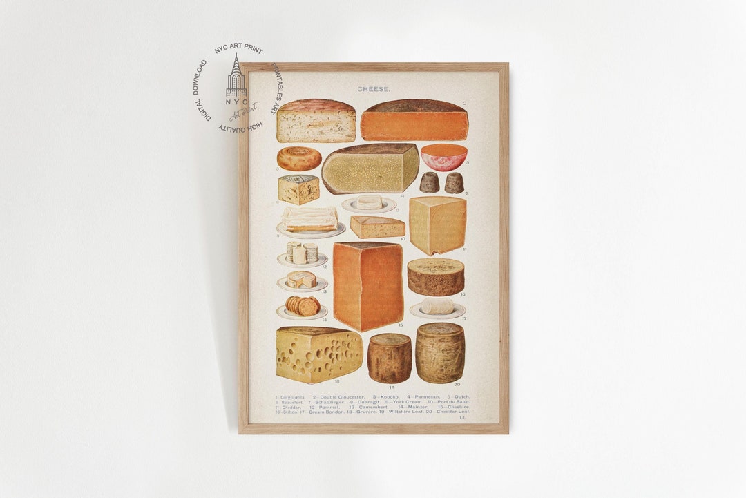 Vintage Cheese Print, Cheeses Printable Wall Art, Antique Cheese Chart ...