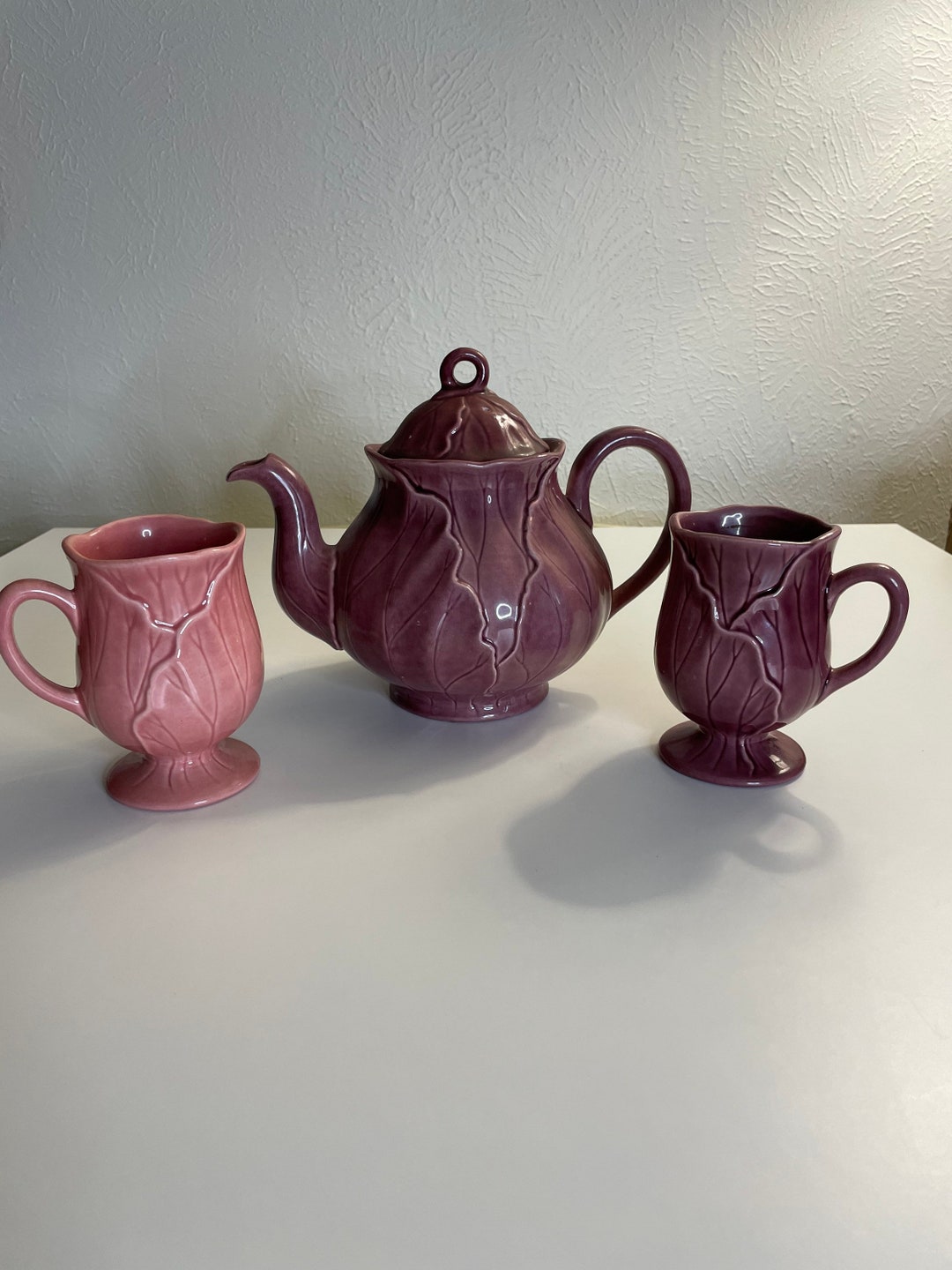 Vintage Purple and Pink Floral Cabbage Tea Pot With Tea Cups - Etsy