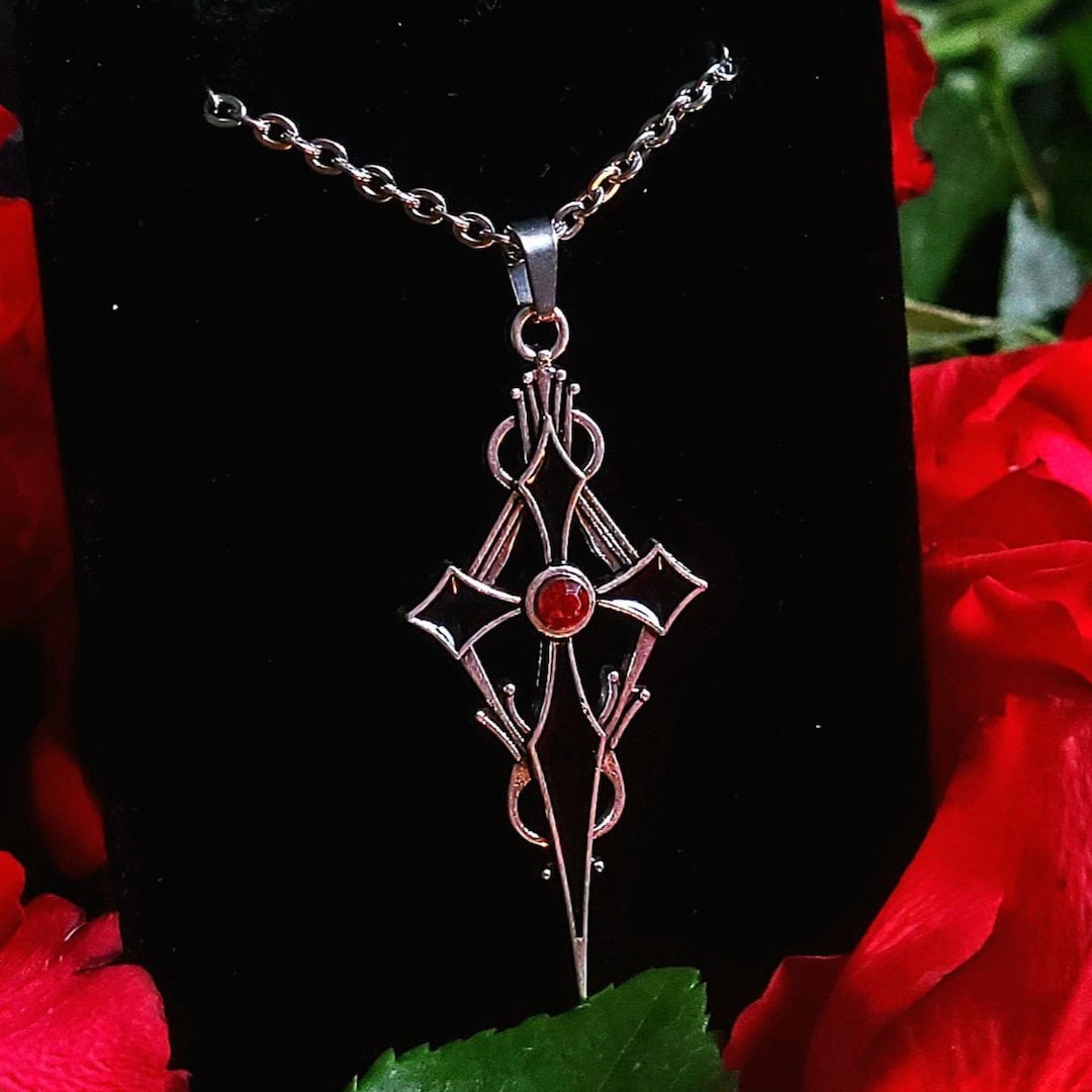 Gothic Cross Necklace | Vampire Costume, Silver Cross Charm With Red ...