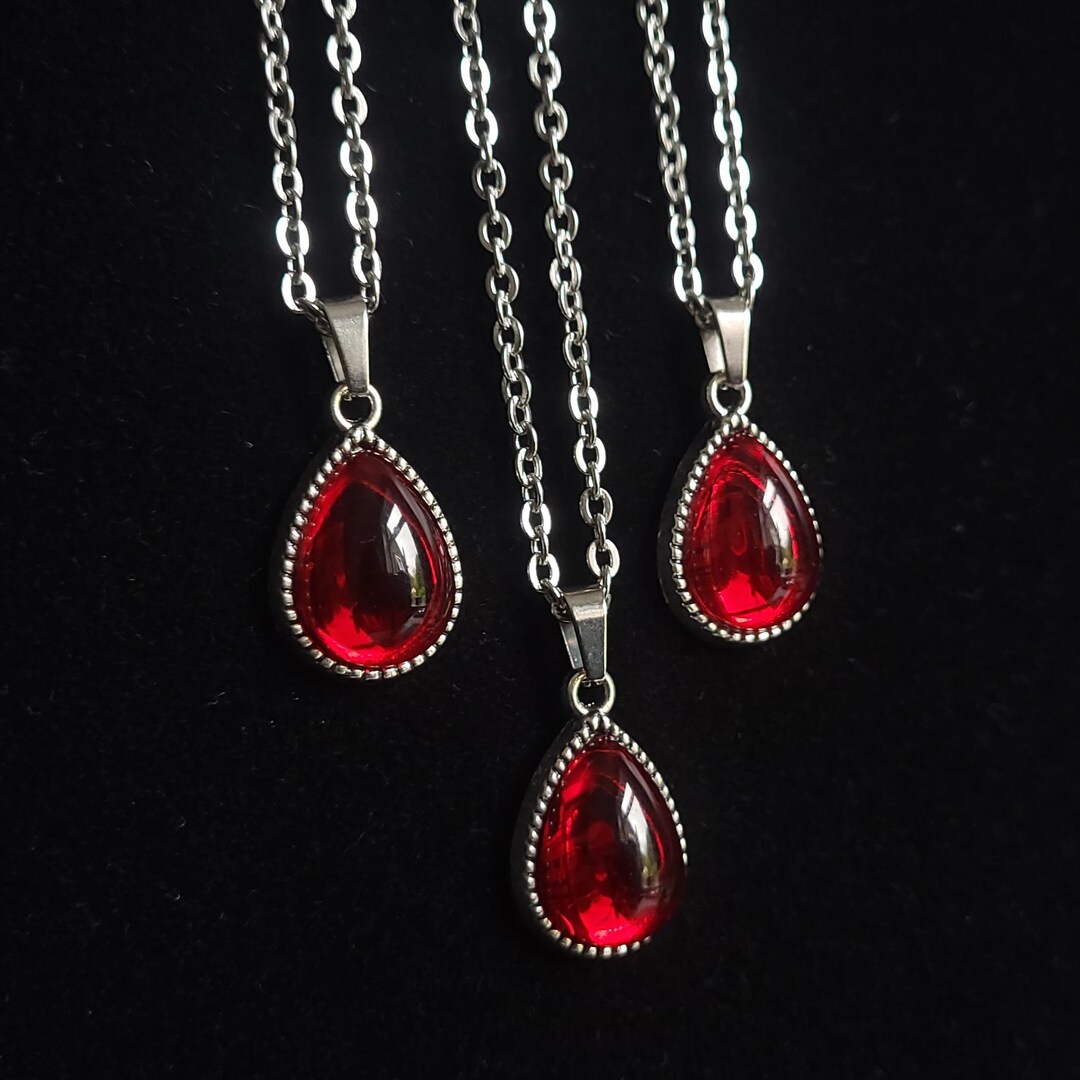 Blood Drop Necklace Vampire Costume Idea, Gothic Silver Jewellery, Red ...