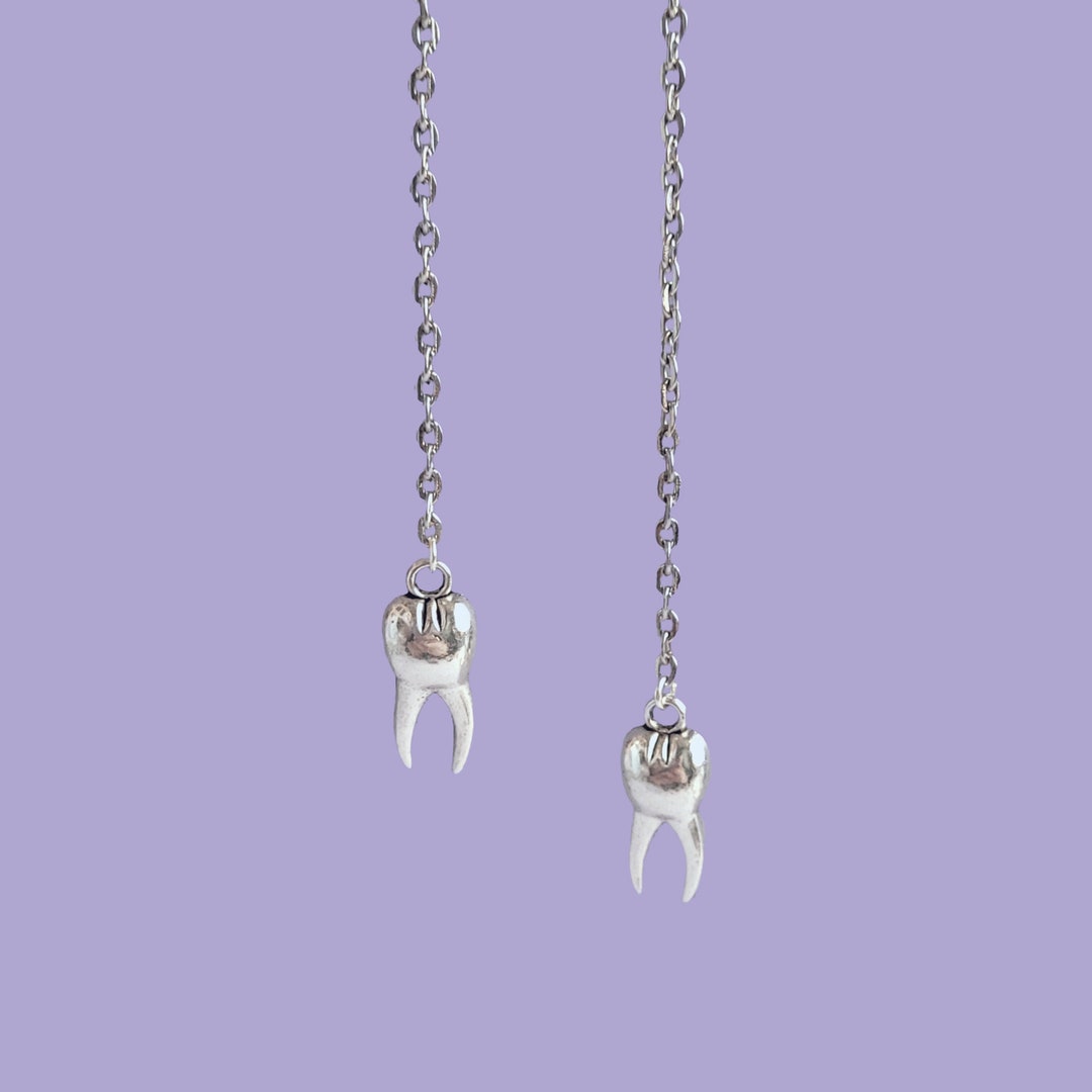 Tooth Chain Earrings | Silver Human Teeth Charm Jewellery, Long Chain ...