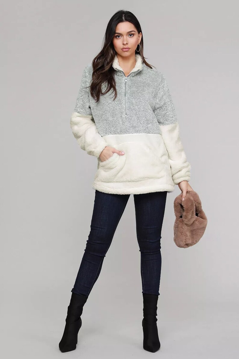 Oversize Fluffy Fleece Pullover Zip Neck Multi Color - Etsy