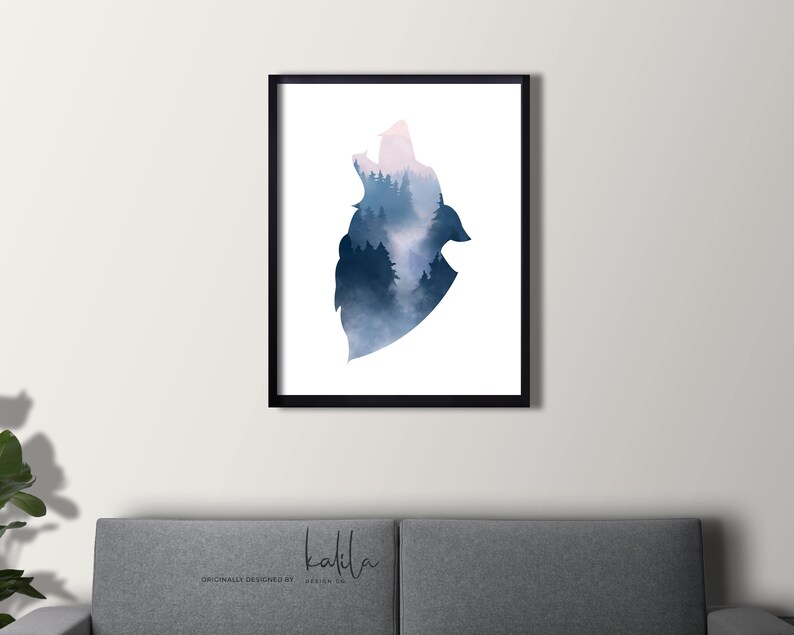 Modern Blue Pink Watercolor Wolf Print, Forest Print, Wolf Print ...