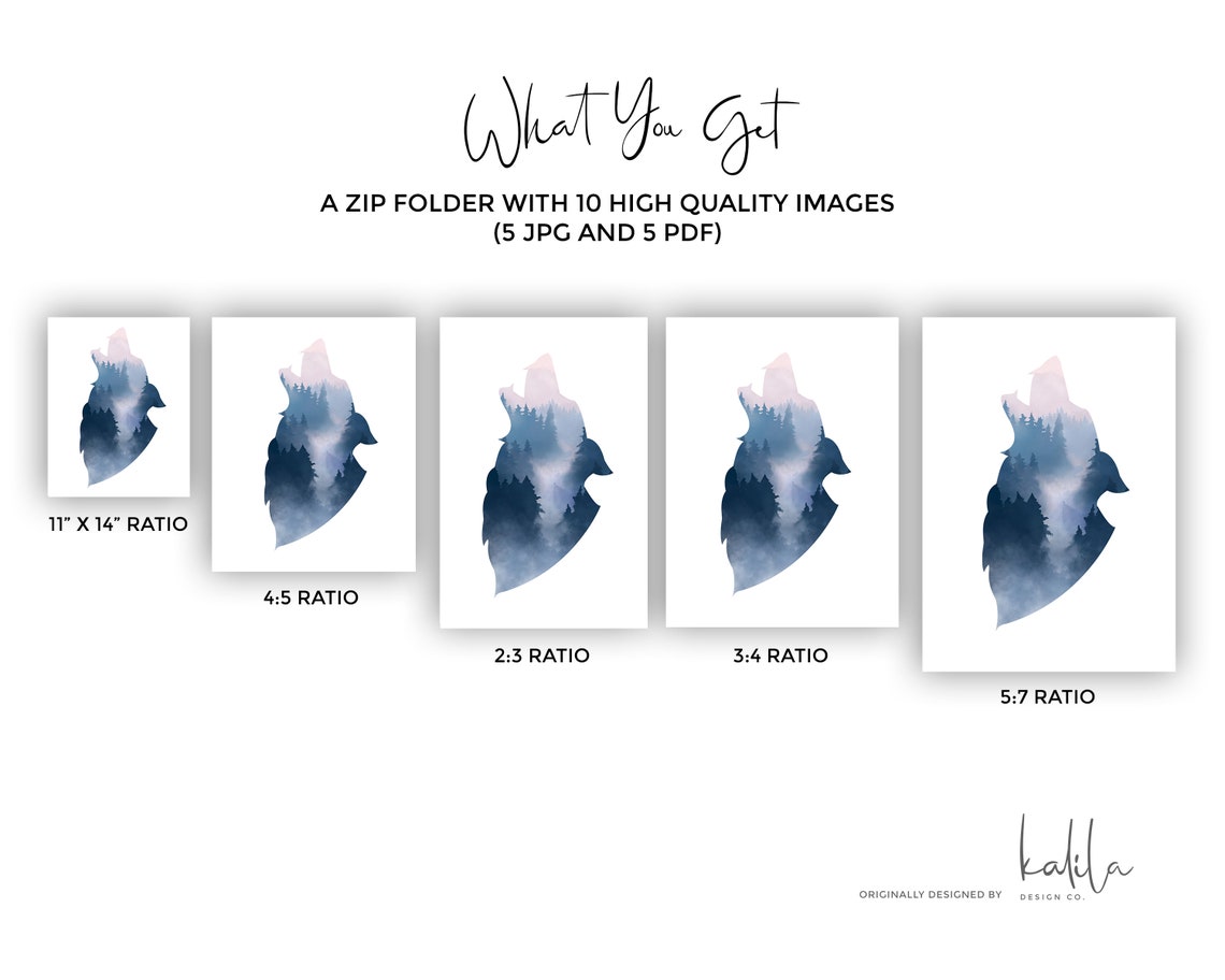 Modern Blue Pink Watercolor Wolf Print, Forest Print, Wolf Print ...