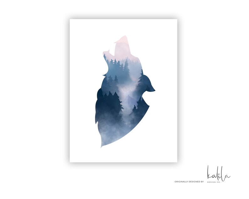 Modern Blue Pink Watercolor Wolf Print, Forest Print, Wolf Print ...