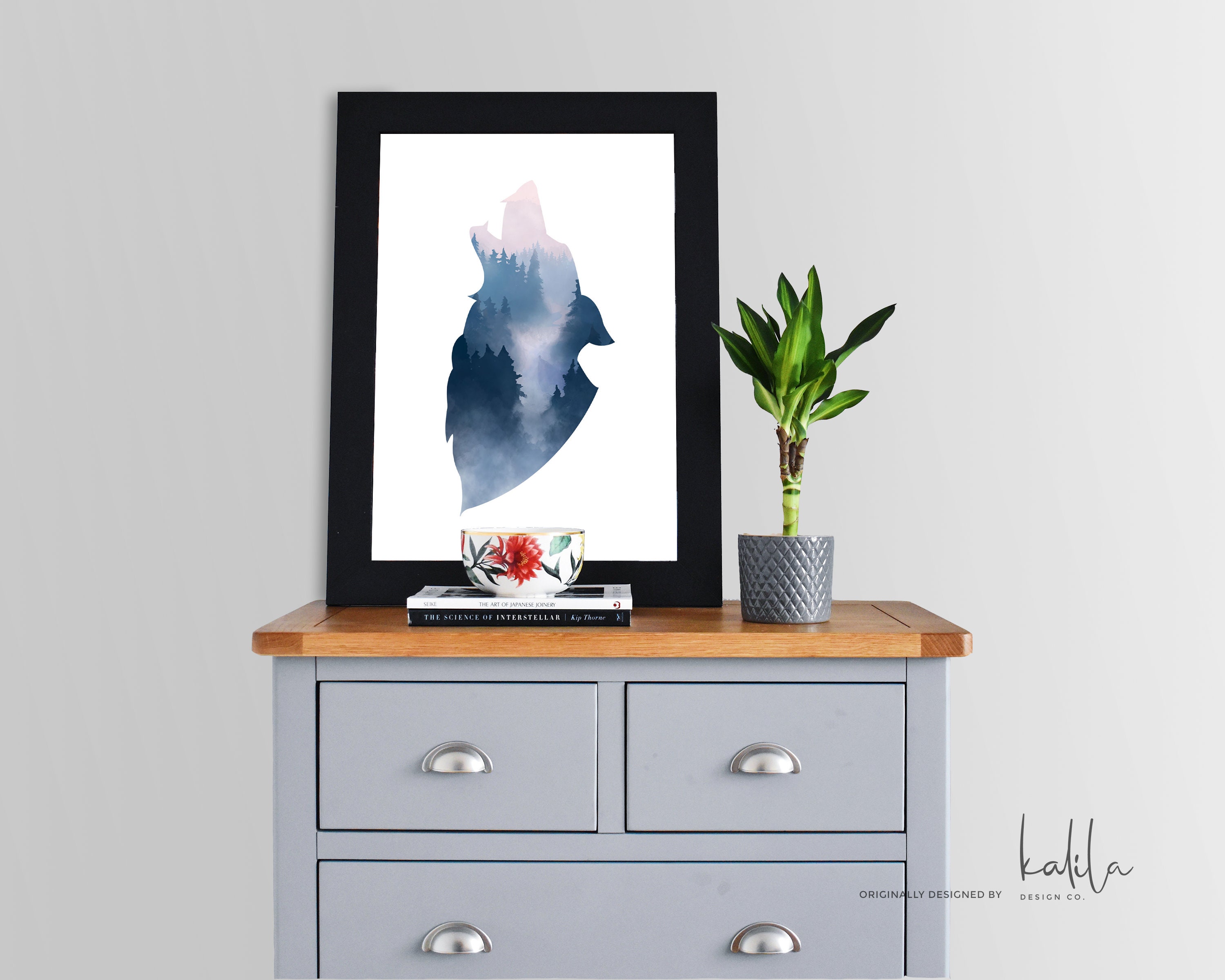 Modern Blue Pink Watercolor Wolf Print, Forest Print, Wolf Print ...