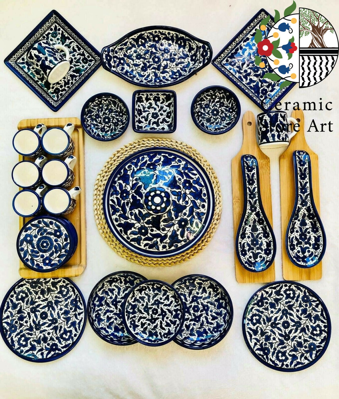 Palestinian Ceramic Tableware Set of 28 Items | Blue and White Color ...