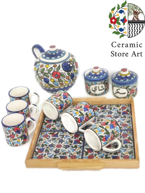 Drinkware Ceramic Tea Set Colorful Floral Serving Tray - Etsy
