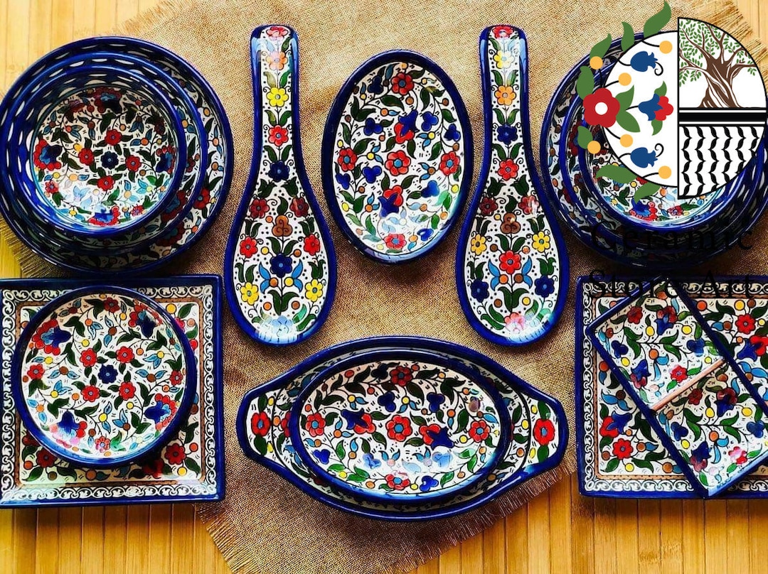 Handmade Palestinian Ceramic Tableware Set: Floral Design, 15 Piece - Etsy