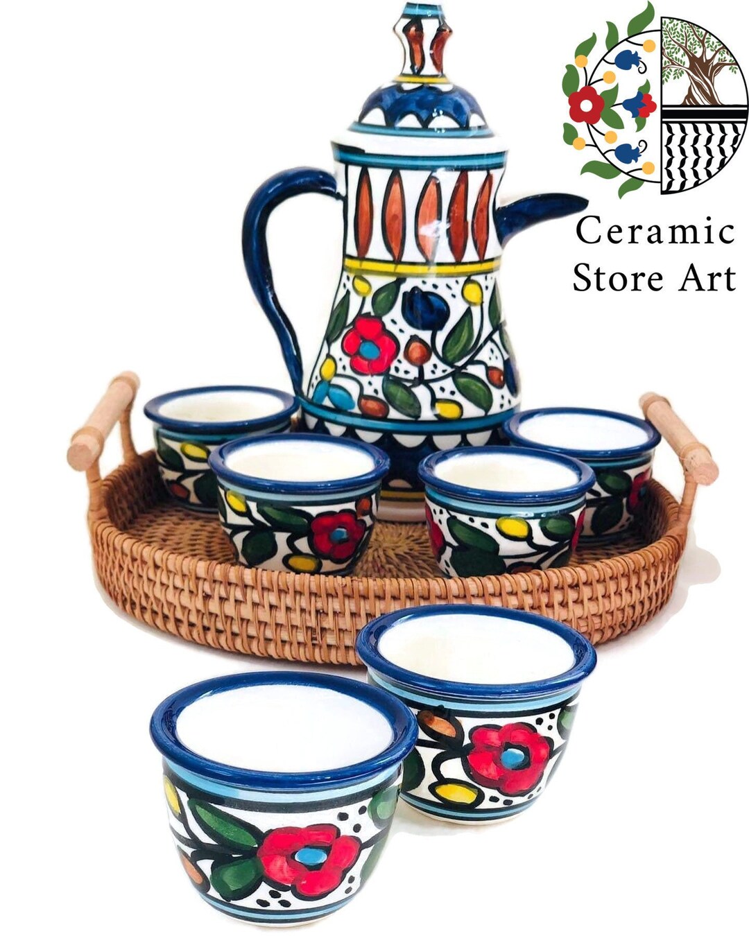Ceramic Set of 6 Cups With Coffeepot Dallah Pitcher Coffee Serving Set ...