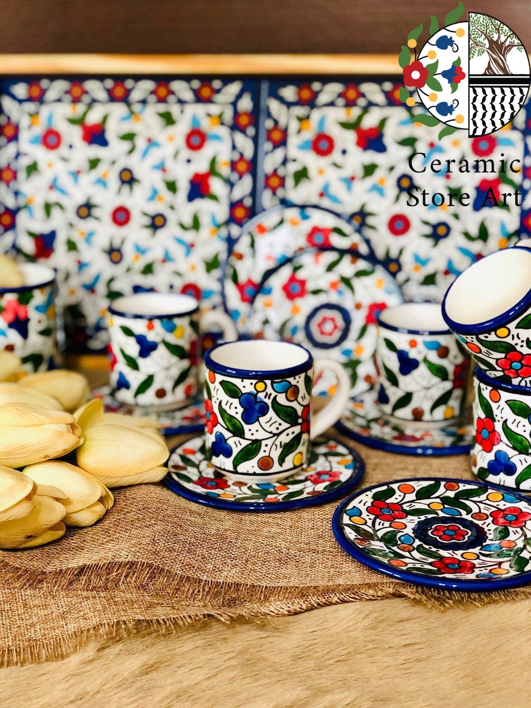 Handcrafted Palestinian Ceramic Coffee Set: Floral Serving Tray & Cups ...