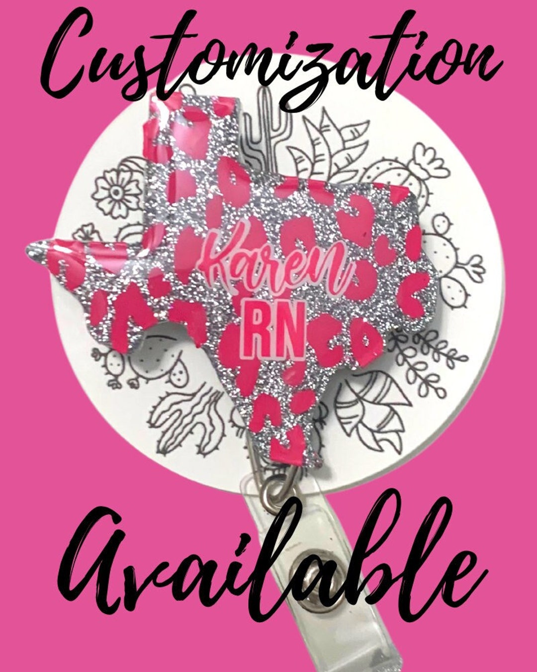 Texas Badge Reel, Glitter Badge, ID Holder, ID Tag Holder, Custom Badge ...
