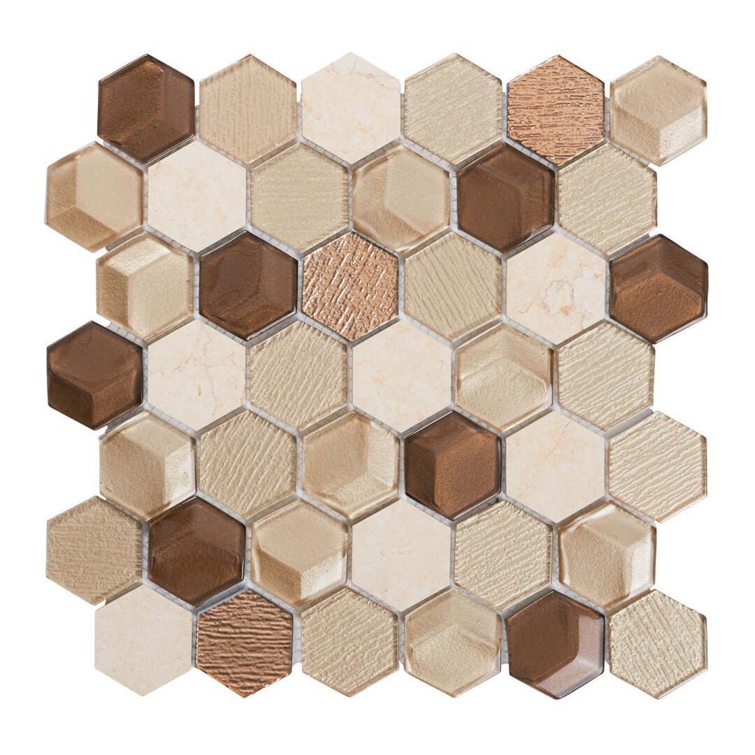 Metallic Beige Hexagon Mosaic Tile: Crema Marfil Stone & Glass Insert ...