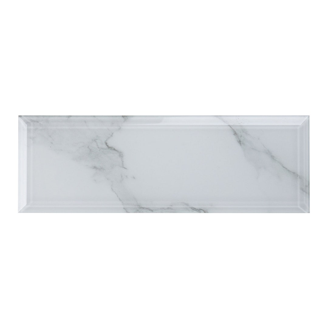 Calacatta Stone Glass Subway Tile: 4” X 12” Bevel Edge Mosaic - Etsy
