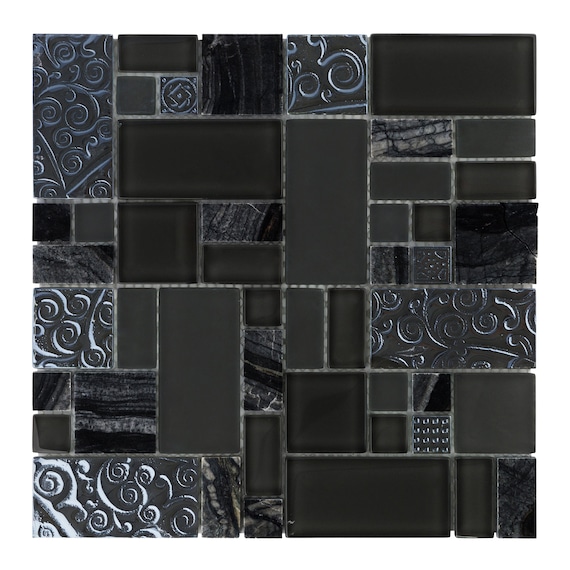 Black Glass Mosaic Tile Backsplash Silk Black Crystal Glass Metal
