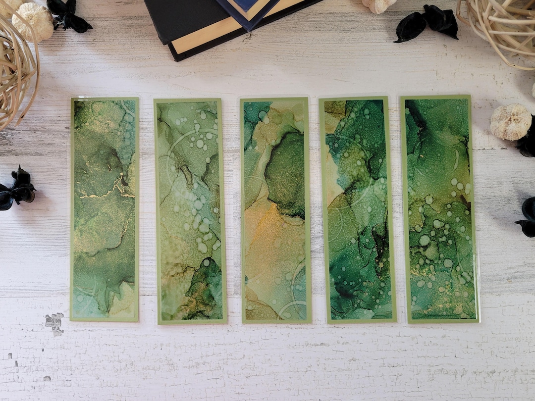 Green and Gold Alcohol Ink Bookmarks | Unique Bookmarks | Fluid Art ...