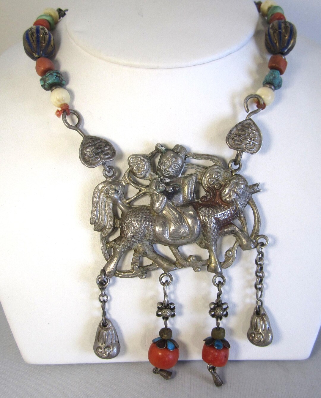 Vintage Chinese Silver Qilin With a Boy Pendant Necklace With Charms - Etsy