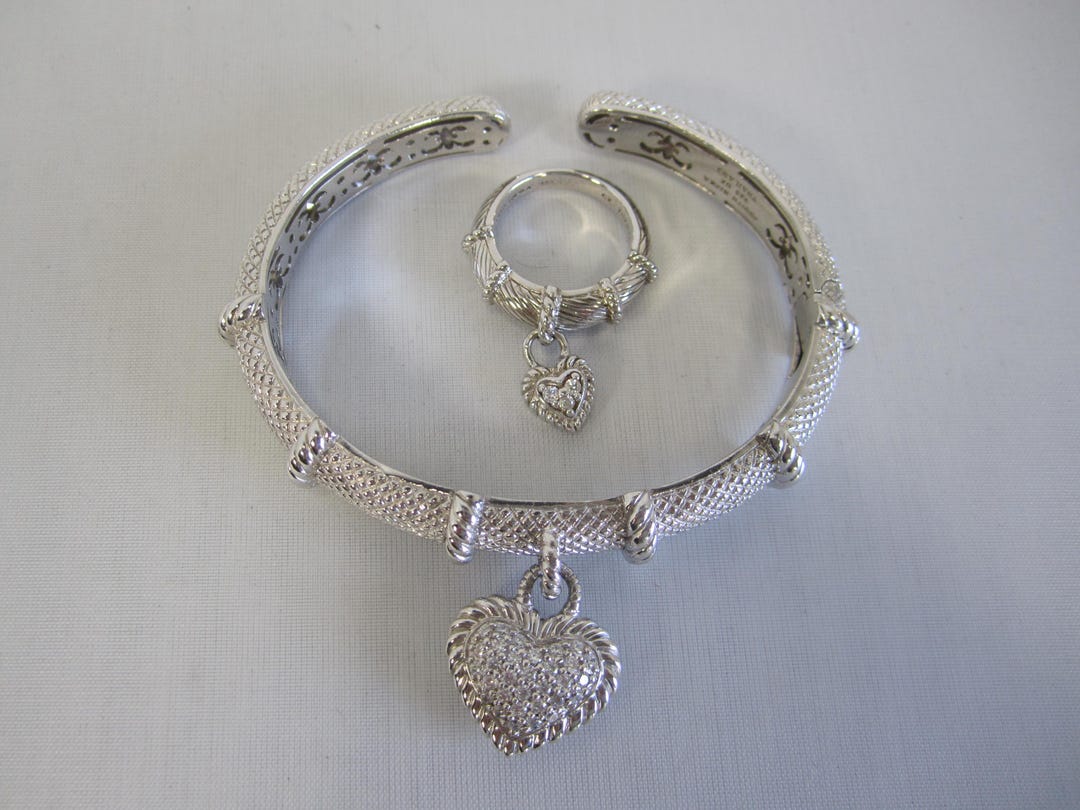 JUDITH RIPKA Sterling Silver 925 Dangle Heart Cuff Bracelet & Dangle Heart Ring - Etsy