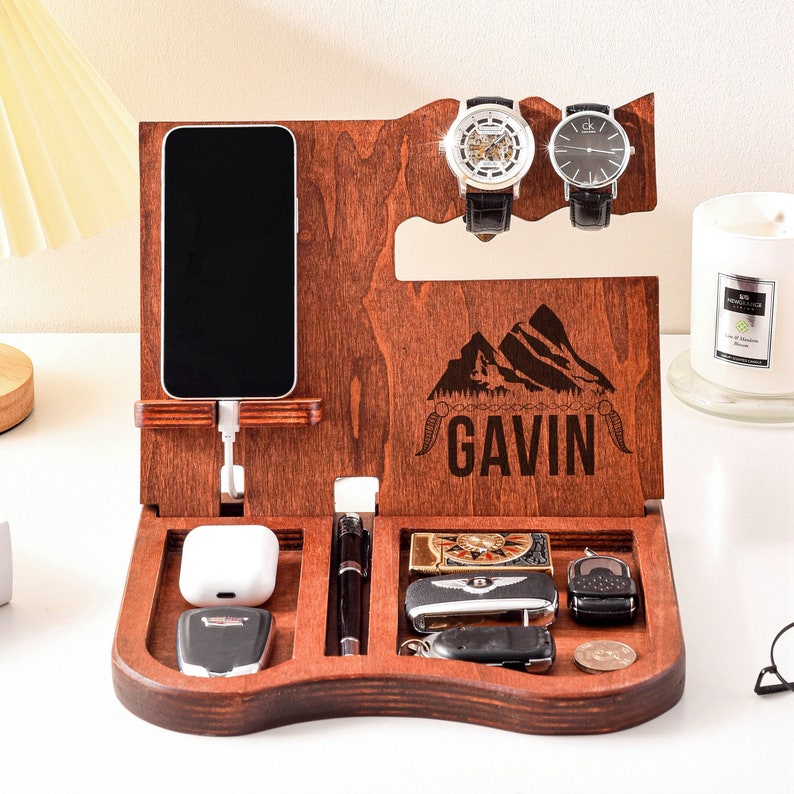 Mens Wood Valet Box, Mens Valet Stand, Mens Wood Valet Tray, Charging ...