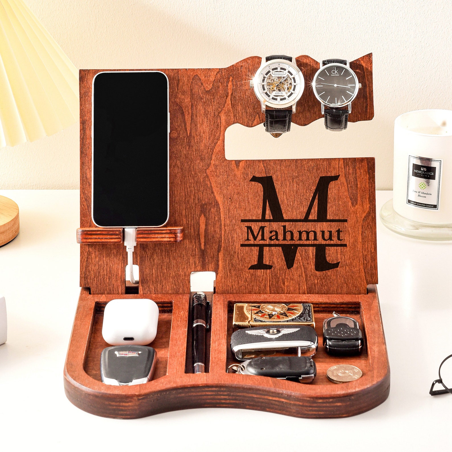 Mens Wood Valet Box, Mens Valet Stand, Mens Wood Valet Tray, Charging ...