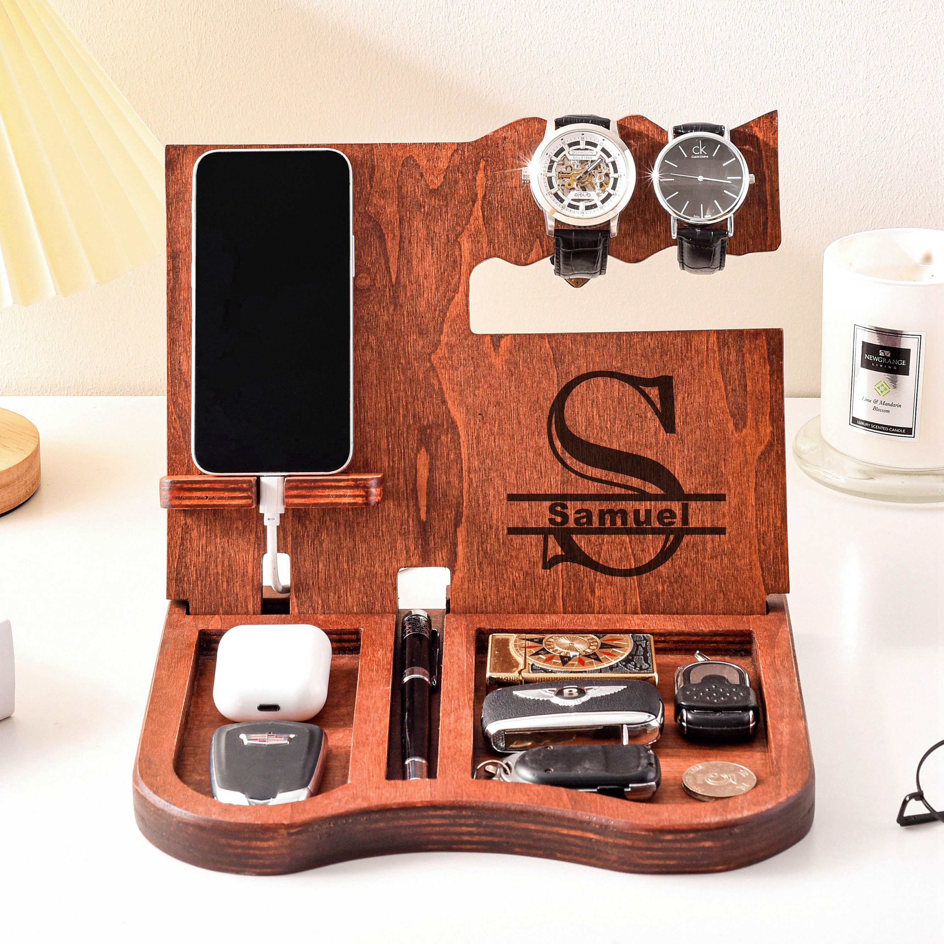 Mens Wood Valet Box, Mens Valet Stand, Mens Wood Valet Tray, Charging ...