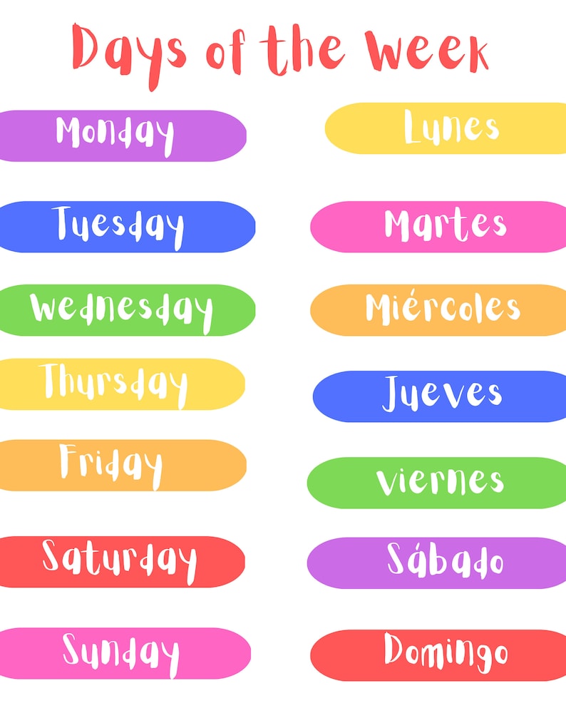 Days of the Week English and Spanish Poster, Educational Print ...