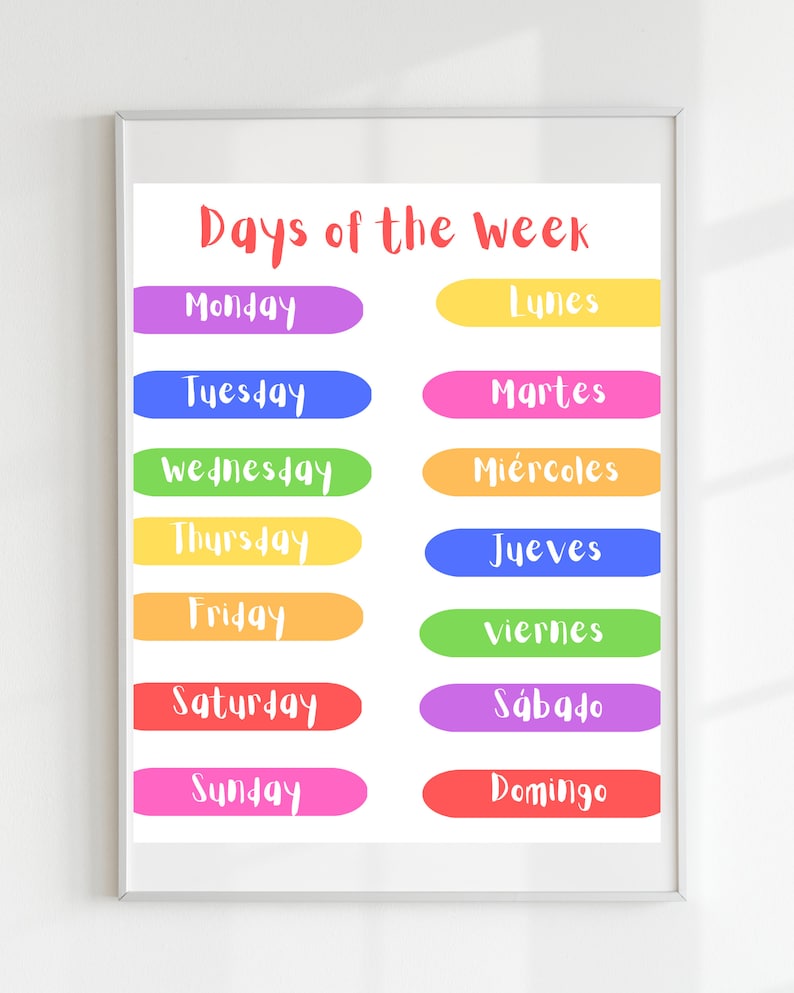 Days of the Week English and Spanish Poster, Educational Print ...