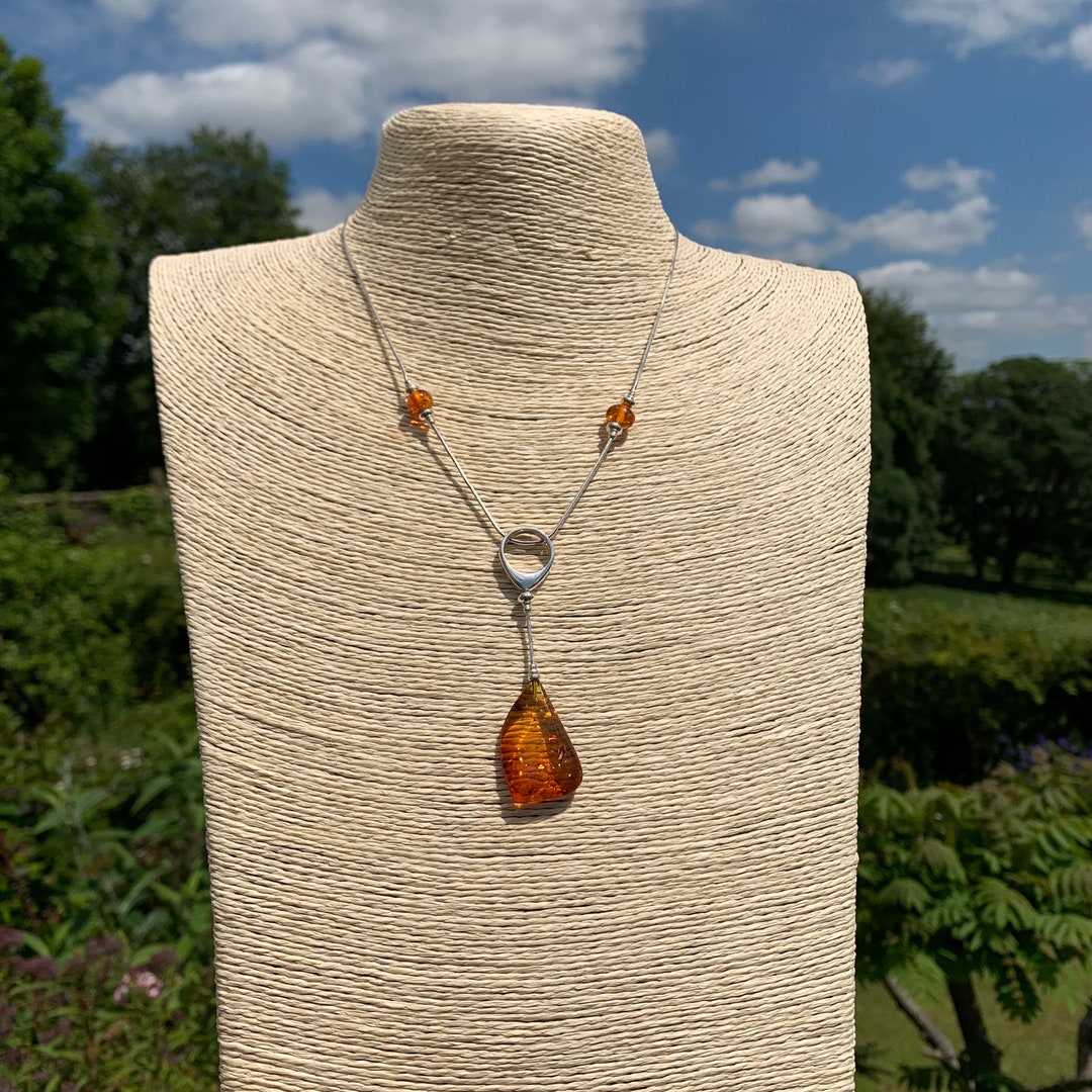 Baltic Amber Necklace, Classy Amber Droplet Necklace, Amber Pendant Necklace, Handmade in 925 ...
