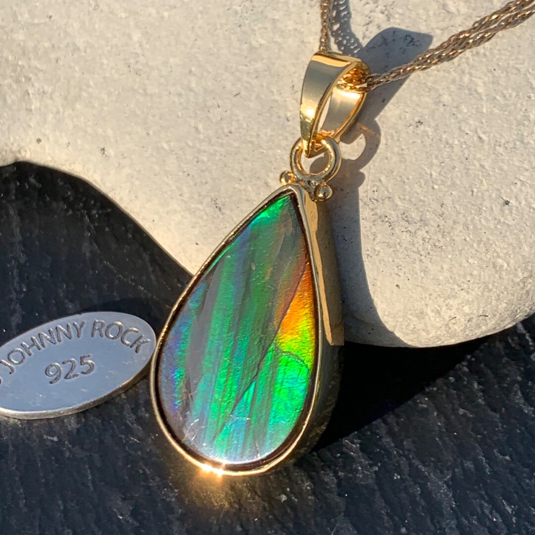 Ammolite Rainbow Shard Tear Droplet Pendant, Handmade 18ct Gold on 925 ...