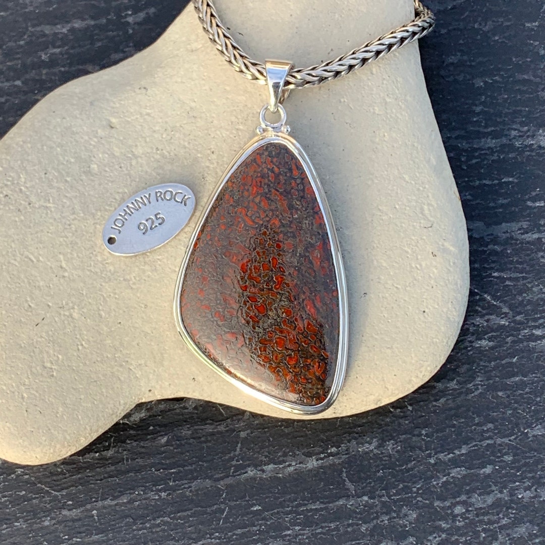 Jurassic Fossil Red Dinosaur Bone Cabochon Pendant, Handmade in 925 ...