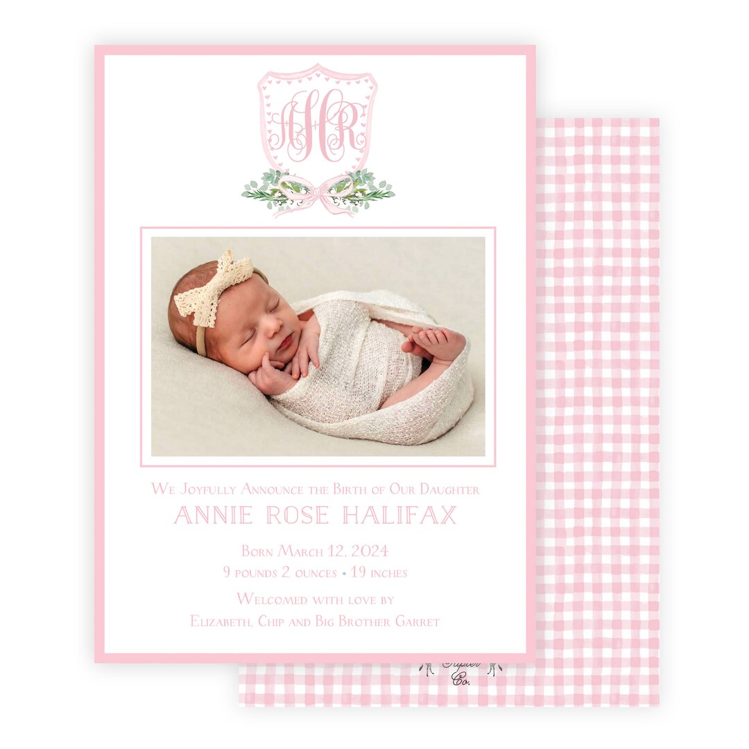 Watercolor Girls Crest Birth Announcement | Baby Girl Birth ...