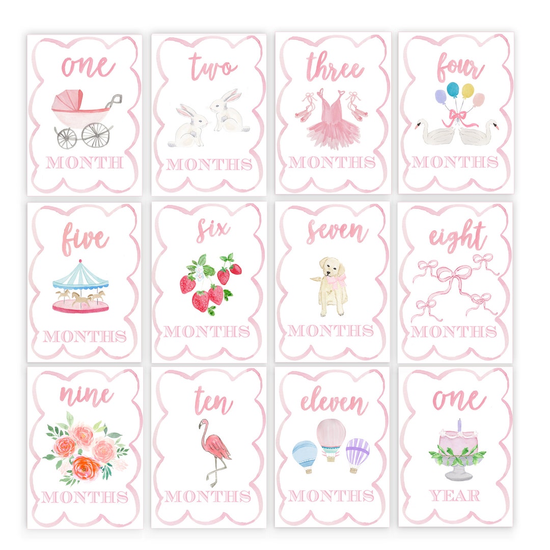 Girls Watercolor Milestone Cards - Scallop Border | Baby Girl | Baby ...