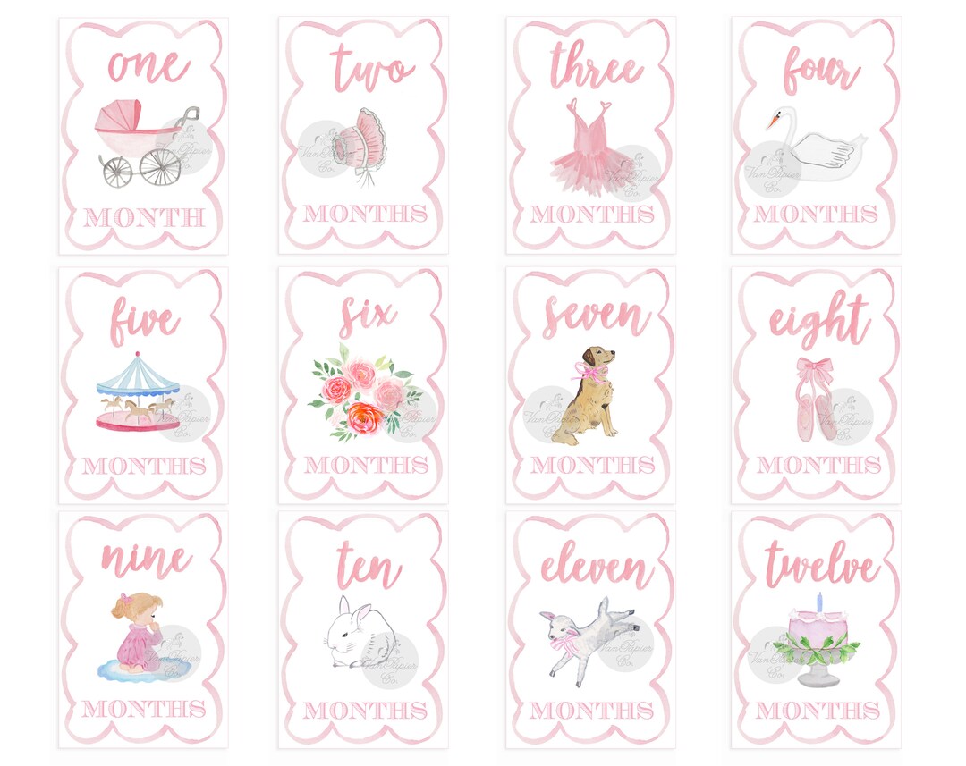 Girls Watercolor Milestone Cards Scallop Border Baby Girl Baby ...