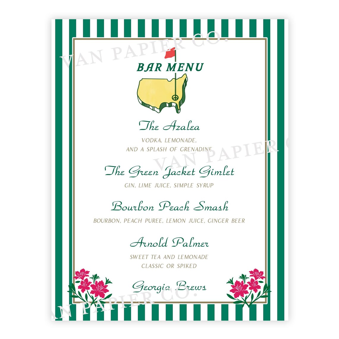 Masters Party Bar Menu Sign | Masters Bar Menu | Masters Cocktails Menu ...