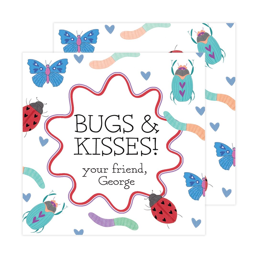 Bugs & Kisses Valentine, Valentine Class Tags, Watercolor, Printed, Bug ...