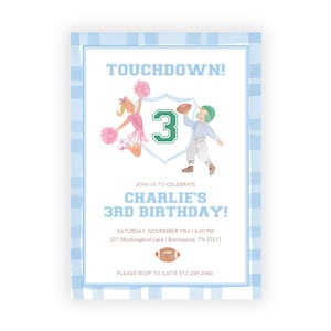 Watercolor Touchdown Invitations Football and Cheerleader Birthday ...