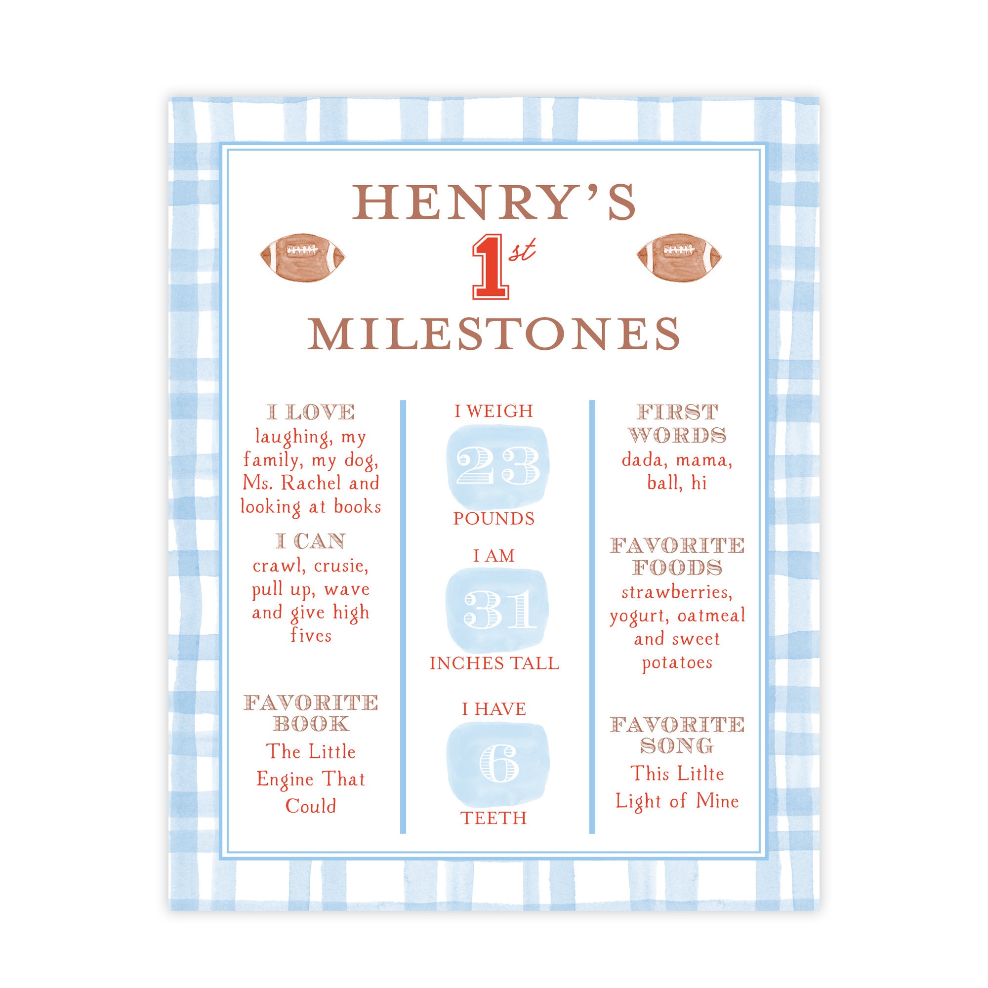 Watercolor Football Milestone Poster Football Birthday First Down Party ...